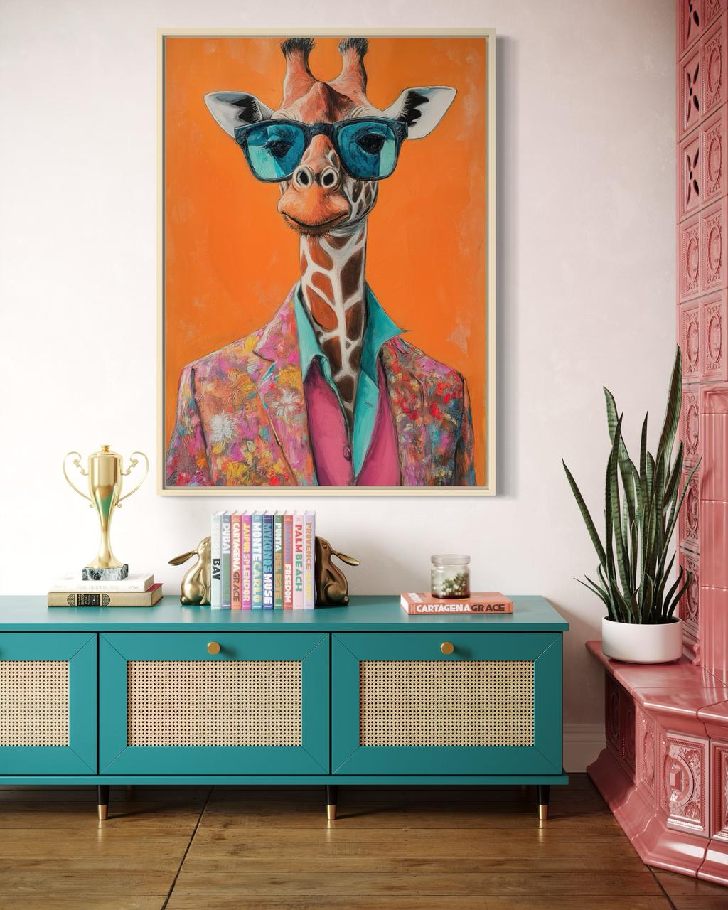 Giraffe Cool: Neon Style Glass Frame Art - ARTIQUE Gallery