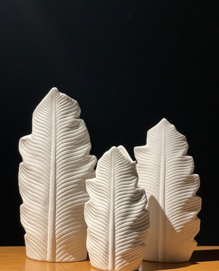 White Leaf Sculptural Pottery Vases (3p ) - ARTIQUE Gallery