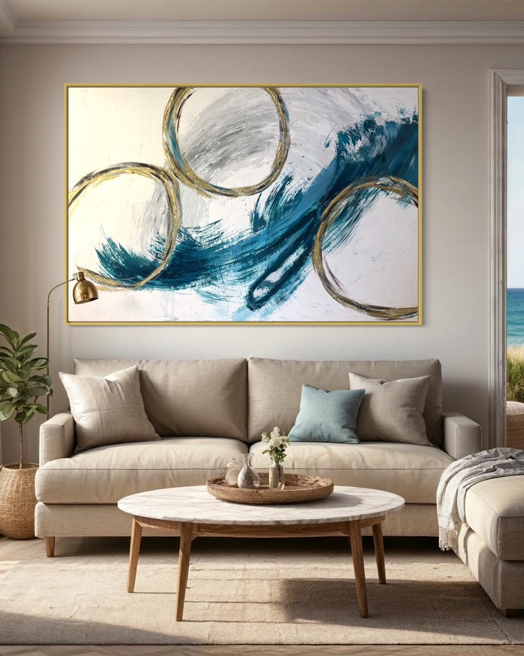 Aqua Gold Abstract Art Circle Design 135*90 cm - ARTIQUE Gallery
