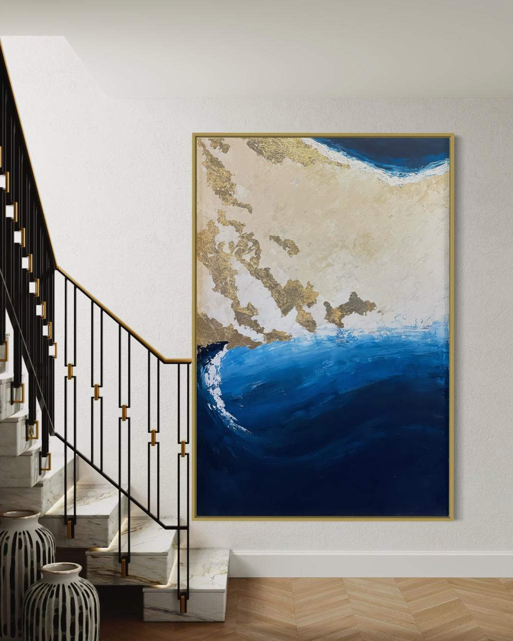 Coastal Gold Serenity – Ocean-Inspired Abstract Wall Art 120*80cm ...